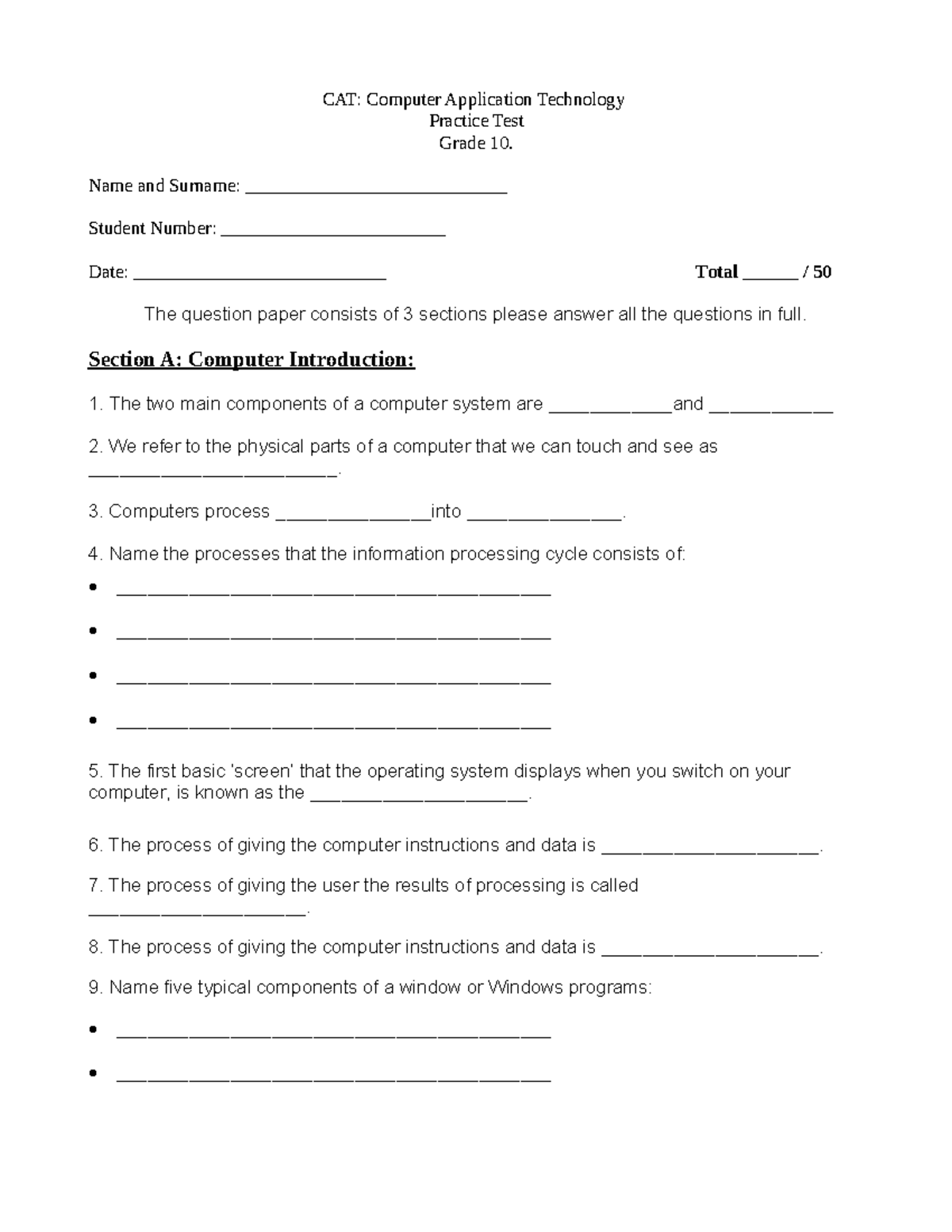 CAT TEST - Revision work - CAT: Computer Application Technology ...