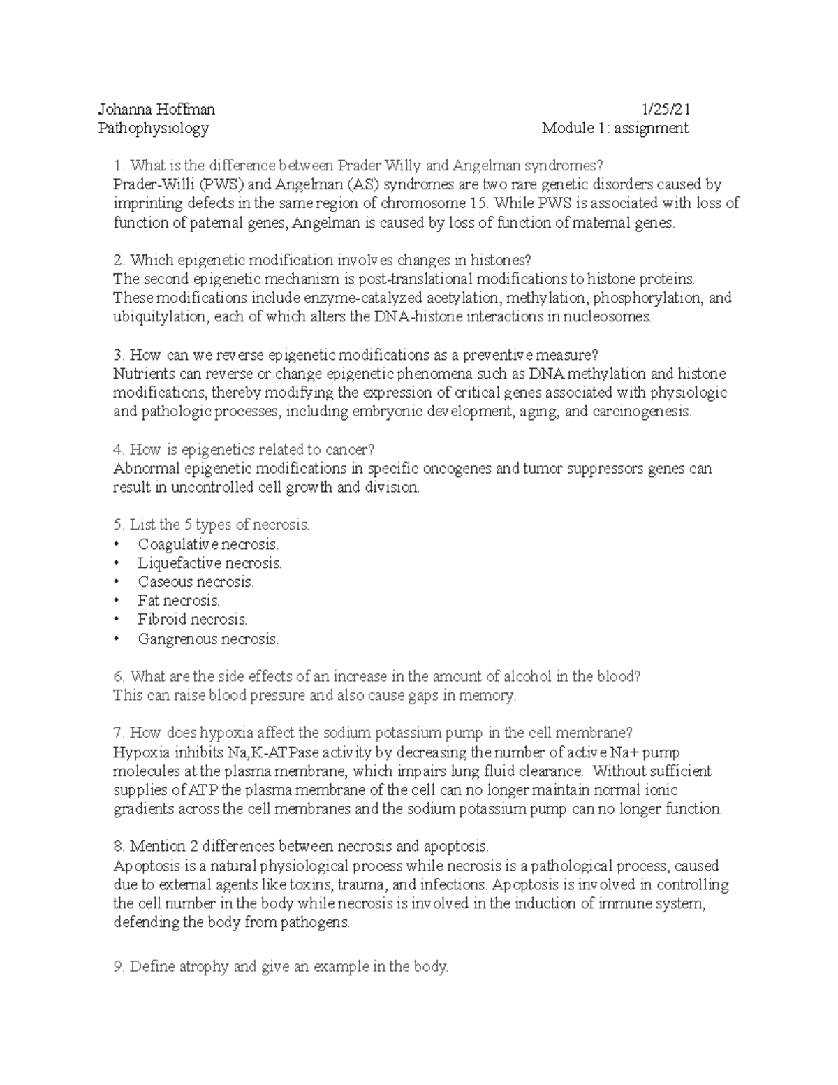 Pathophysiology module 1 - Johanna Hoffman 1/25/ Pathophysiology Module ...
