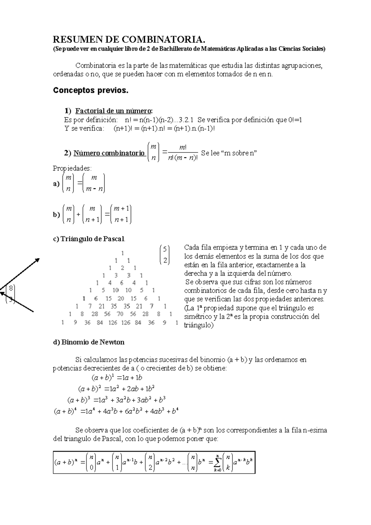 Combinatoria - RESUMEN DE COMBINATORIA. (Se puede ver en cualquier libro de 2 de Bachillerato de ...