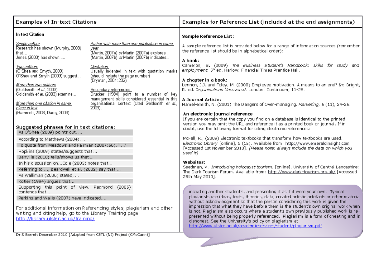 Citing References Outline - Examples of In-text Citations Examples for ...