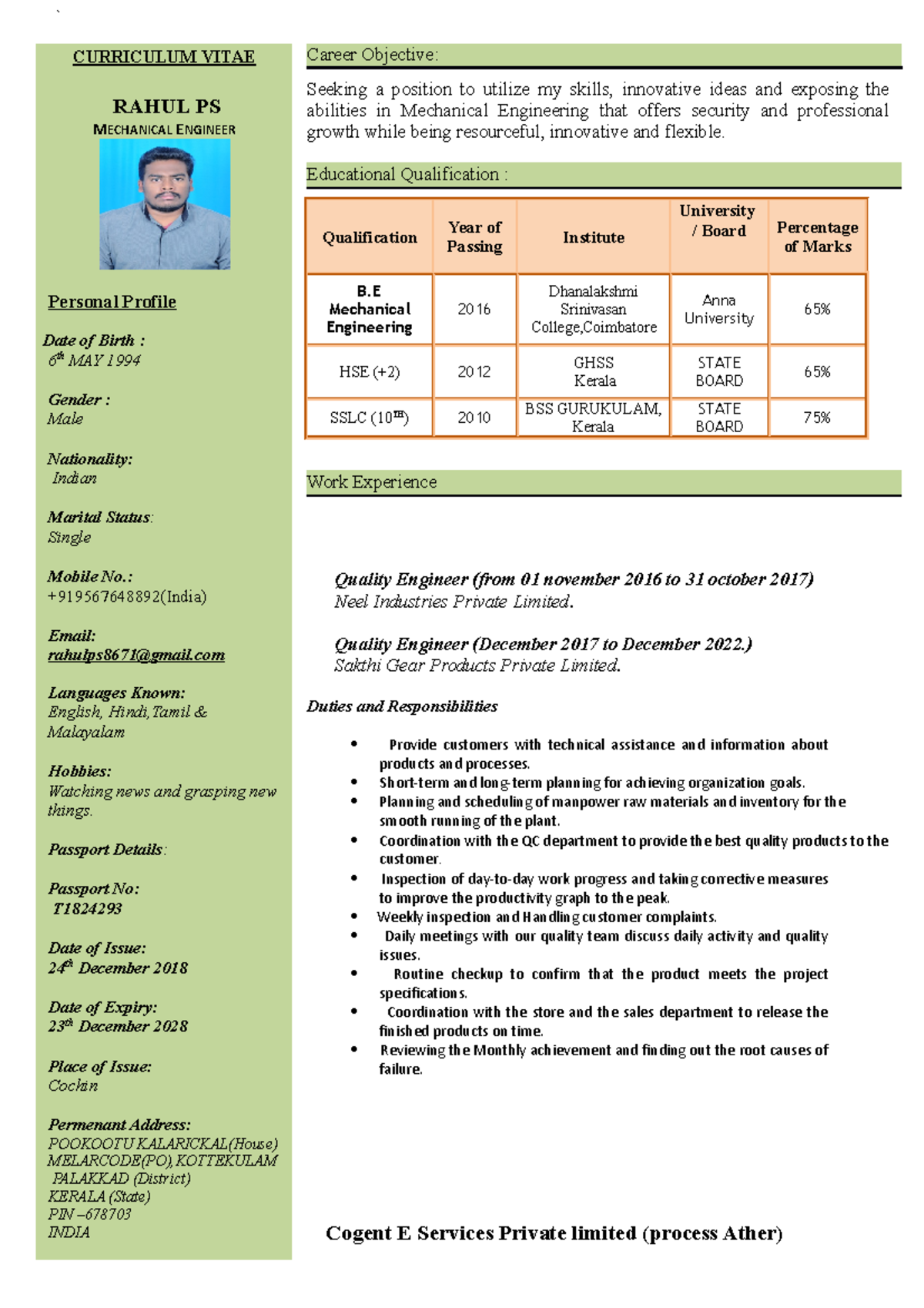 Resume Rahul - ` CURRICULUM VITAE RAHUL PS MECHANICAL ENGINEER Personal Profile Date of Birth ...