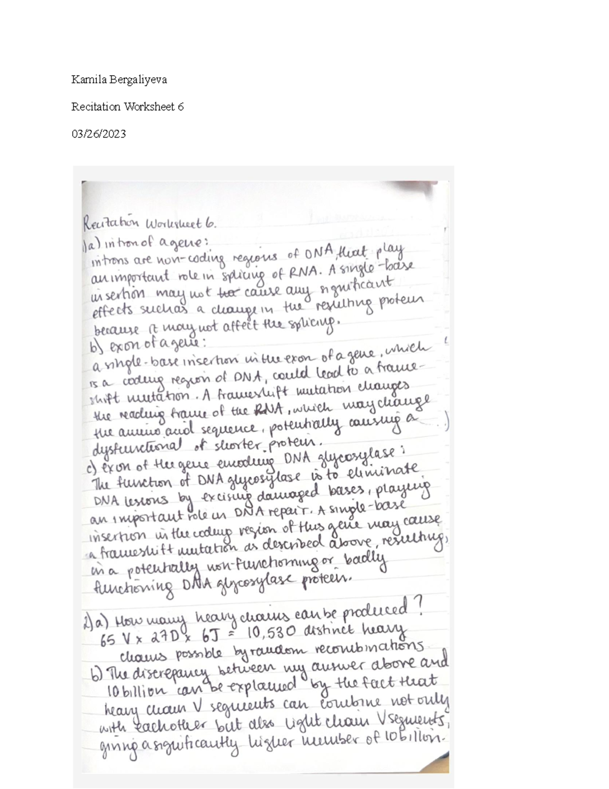 Worksheet 6 notes - Kamila Bergaliyeva Recitation Worksheet 6 03/26 ...
