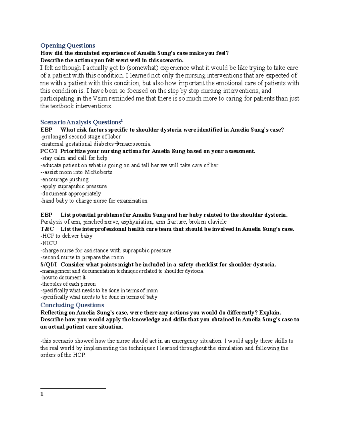 Amelia vsim questions - vsim ob/peds - Opening Questions How did the ...