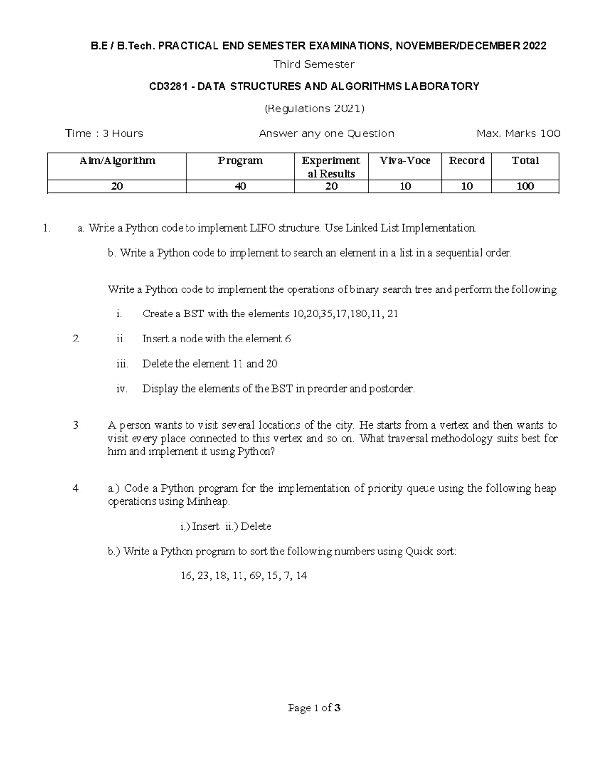 CD3281 SET2 - Lab manuals - Page 1 of 3 B / B. PRACTICAL END SEMESTER EXAMINATIONS, - Studocu