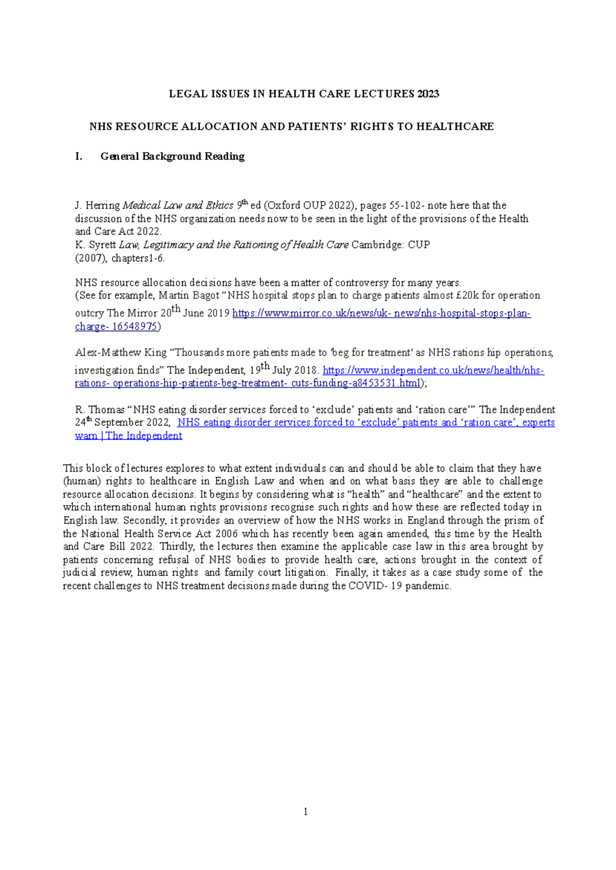 Legal Issues in Health Care NHS Resource Allocation and Patients Rights ...