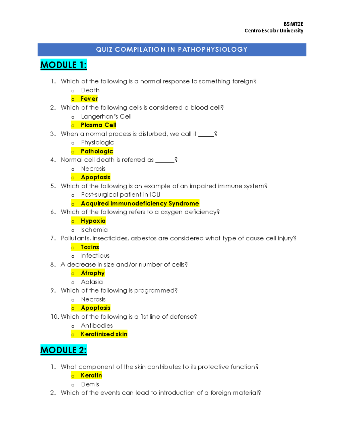 QUIZ Compilation in Pathophysiology - Centro Escolar University QUIZ ...