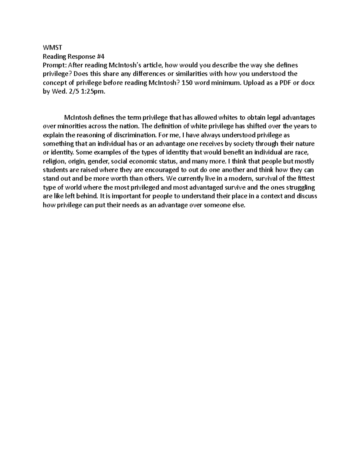 WMST reading response #4 - WMST Reading Response # Prompt: After ...