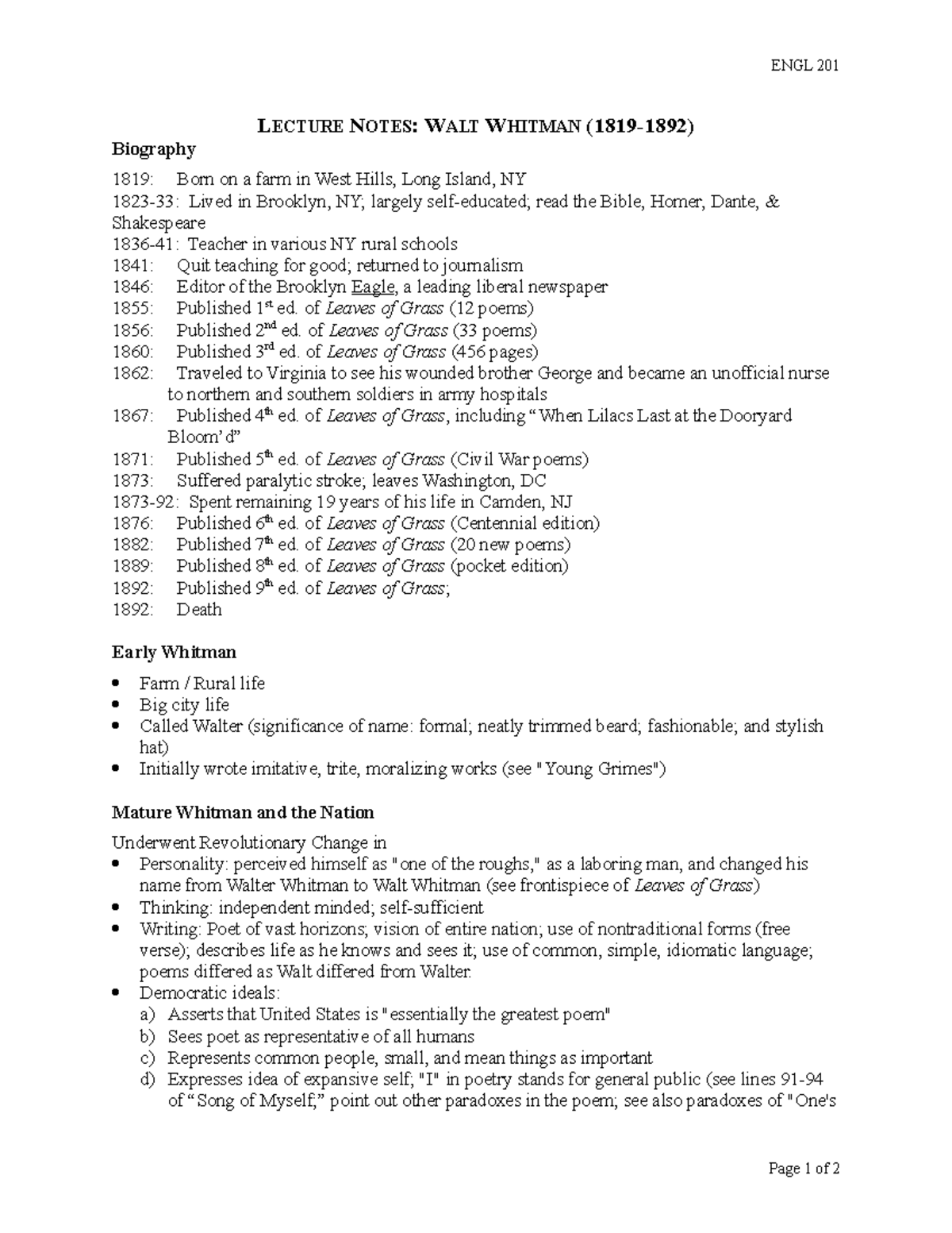 Lecture Notes Walt Whitman - ENGL 201 LECTURE NOTES: WALT WHITMAN (1819 ...