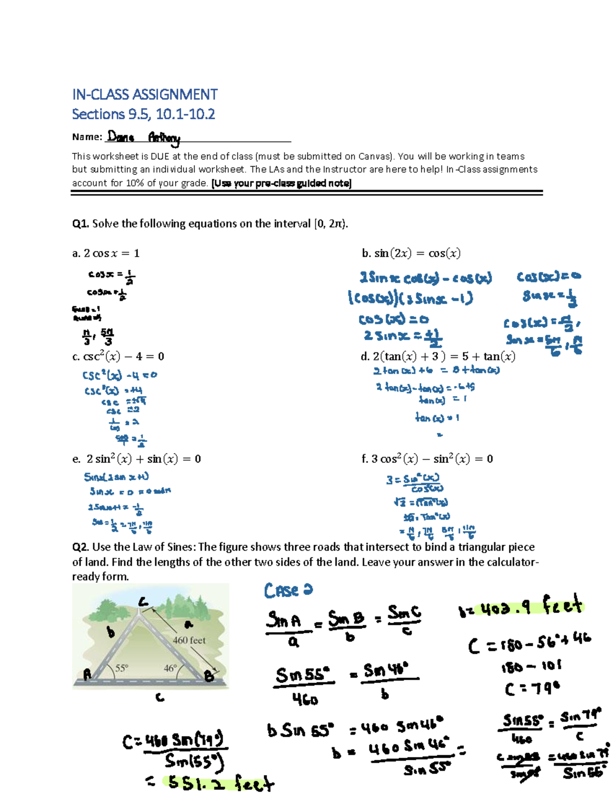 Math WEEK 12 trig - IN-CLASS ASSIGNMENT Sections 9, 10-10. Name