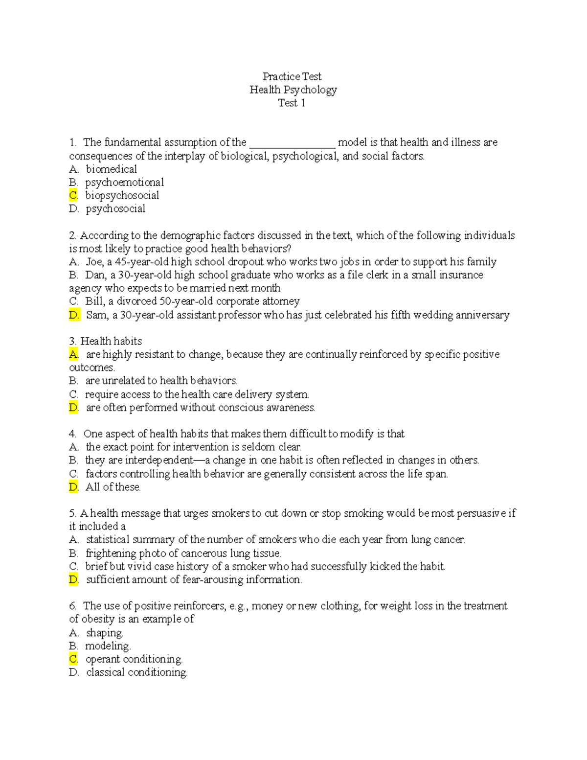 Practice Test 1 - Summer 2020 - Practice Test Health Psychology Test 1 ...