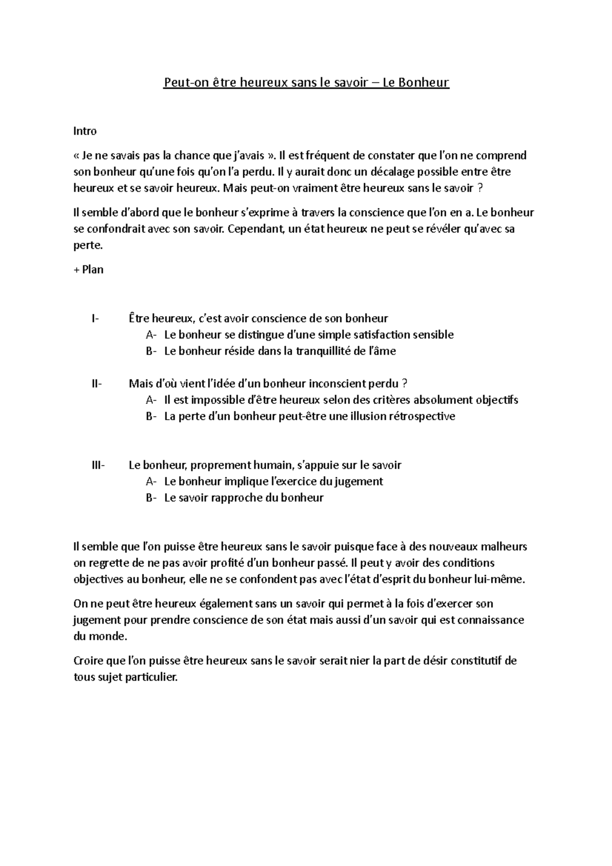 Note de cours sur Le Bonheur - Peut-on être heureux sans le savoir – Le ...