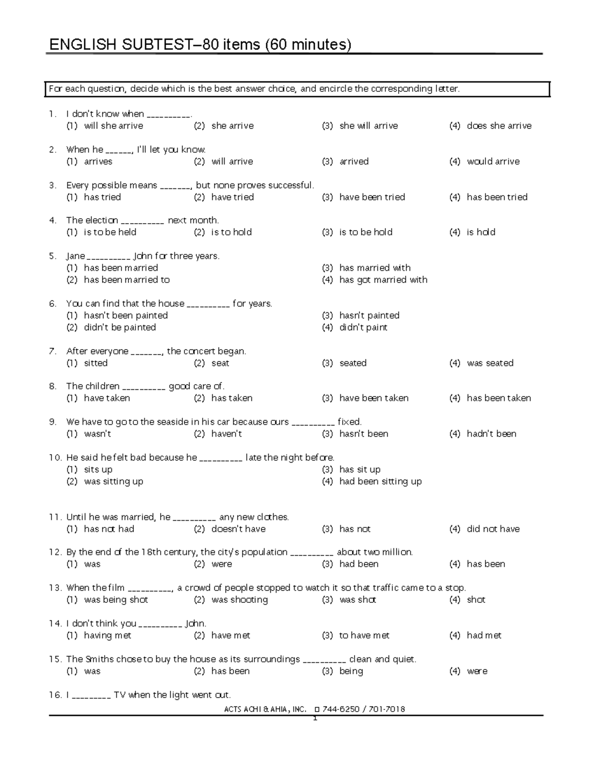 English MOCK TEST - ..... - ENGLISH SUBTEST–80 items (60 minutes) For ...
