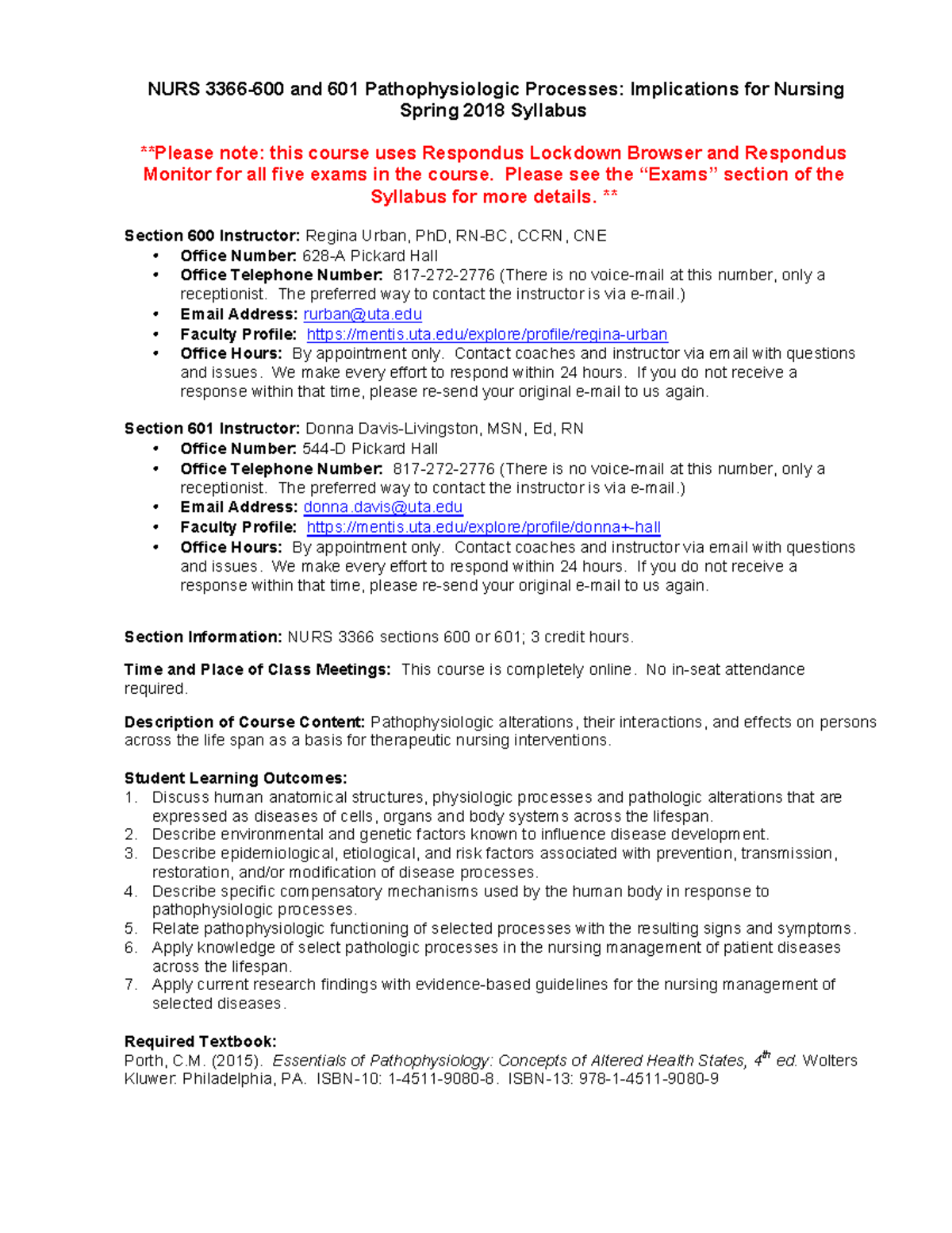 N3366 600 and 601 AO Pathophysiology Syllabus Spring 2018 - NURS 3366 ...
