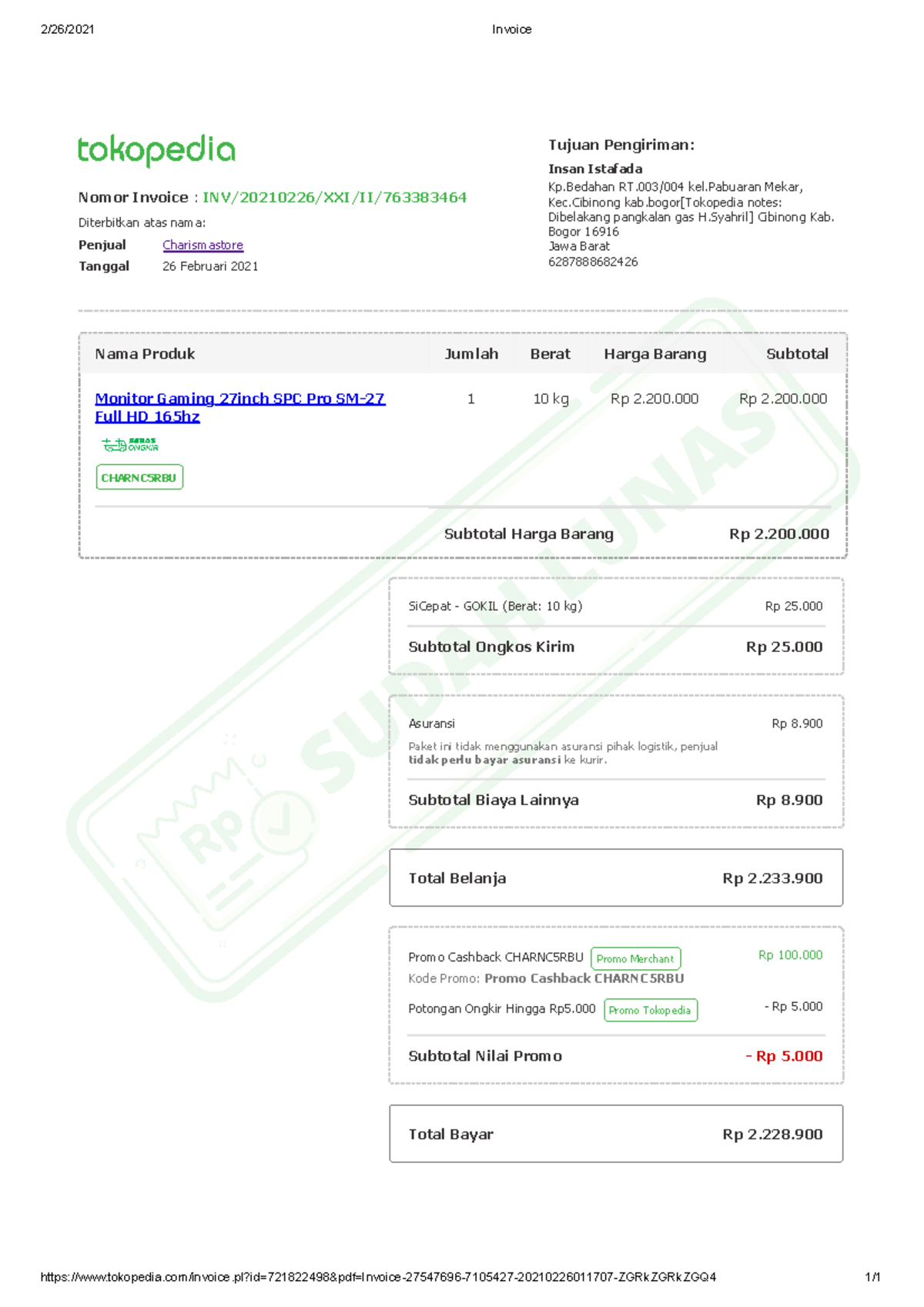 Tokped Charisma invoice - 2/26/2021 Invoice - Studocu