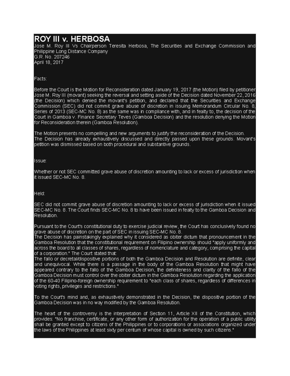 Jose Roy III vs Chairperson Herbosa - ROY III v. HERBOSA Jose M. Roy ...