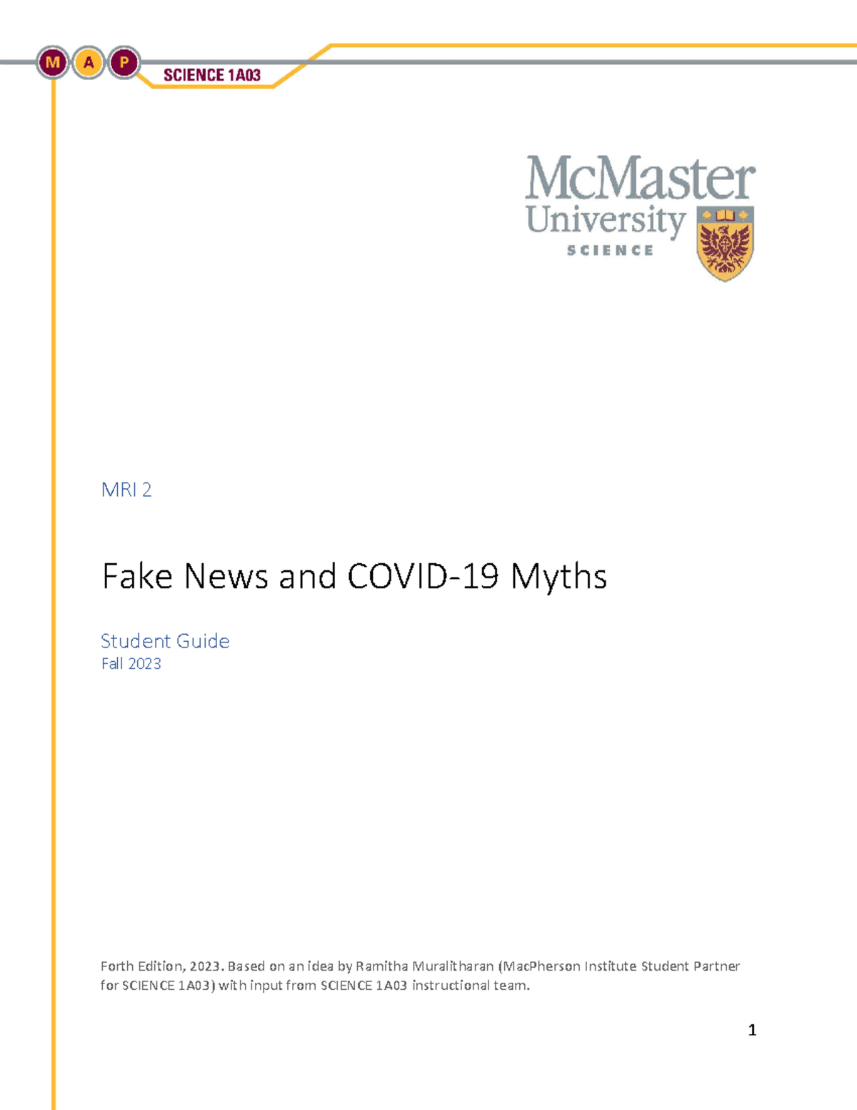 SCI1A03 F23 MRI 2 Student Guide Final - MRI 2 Fake News and COVID-19 ...