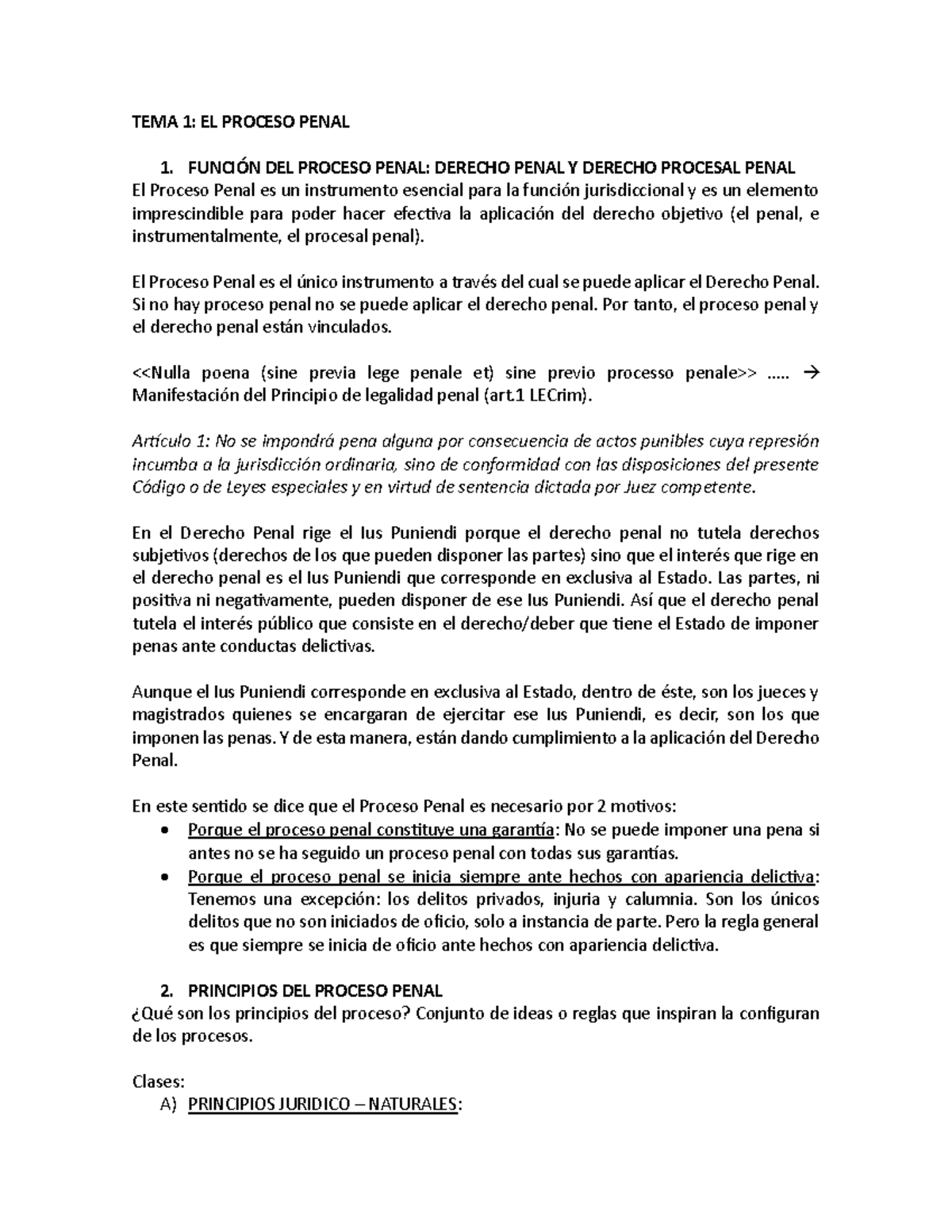 TEMA 1 Derecho Procesal Penal - TEMA 1: EL PROCESO PENAL 1. FUNCIÓN DEL PROCESO PENAL: DERECHO ...