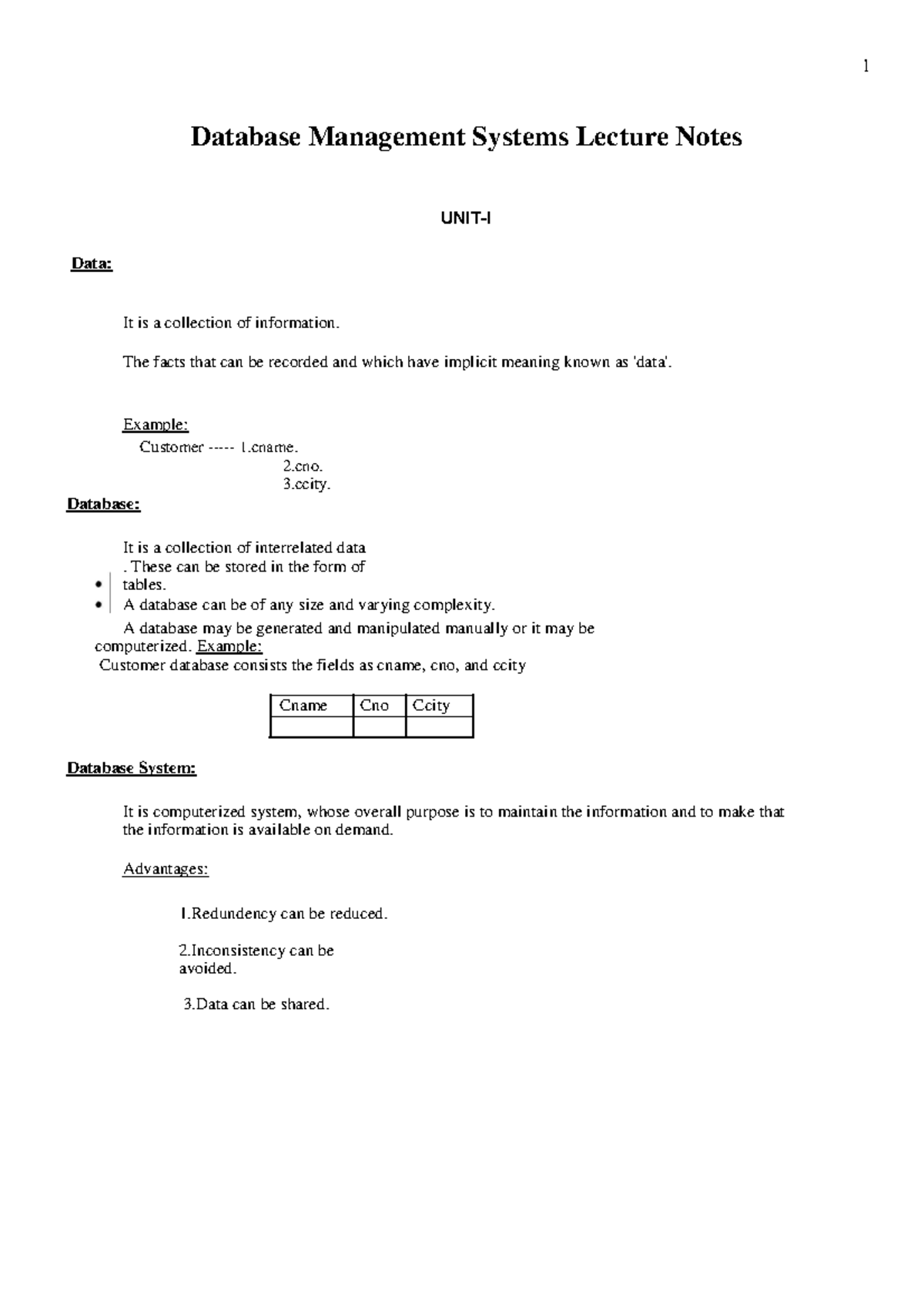 DBMS - dbms - Database Management Systems Lecture Notes UNIT-I Data: It ...