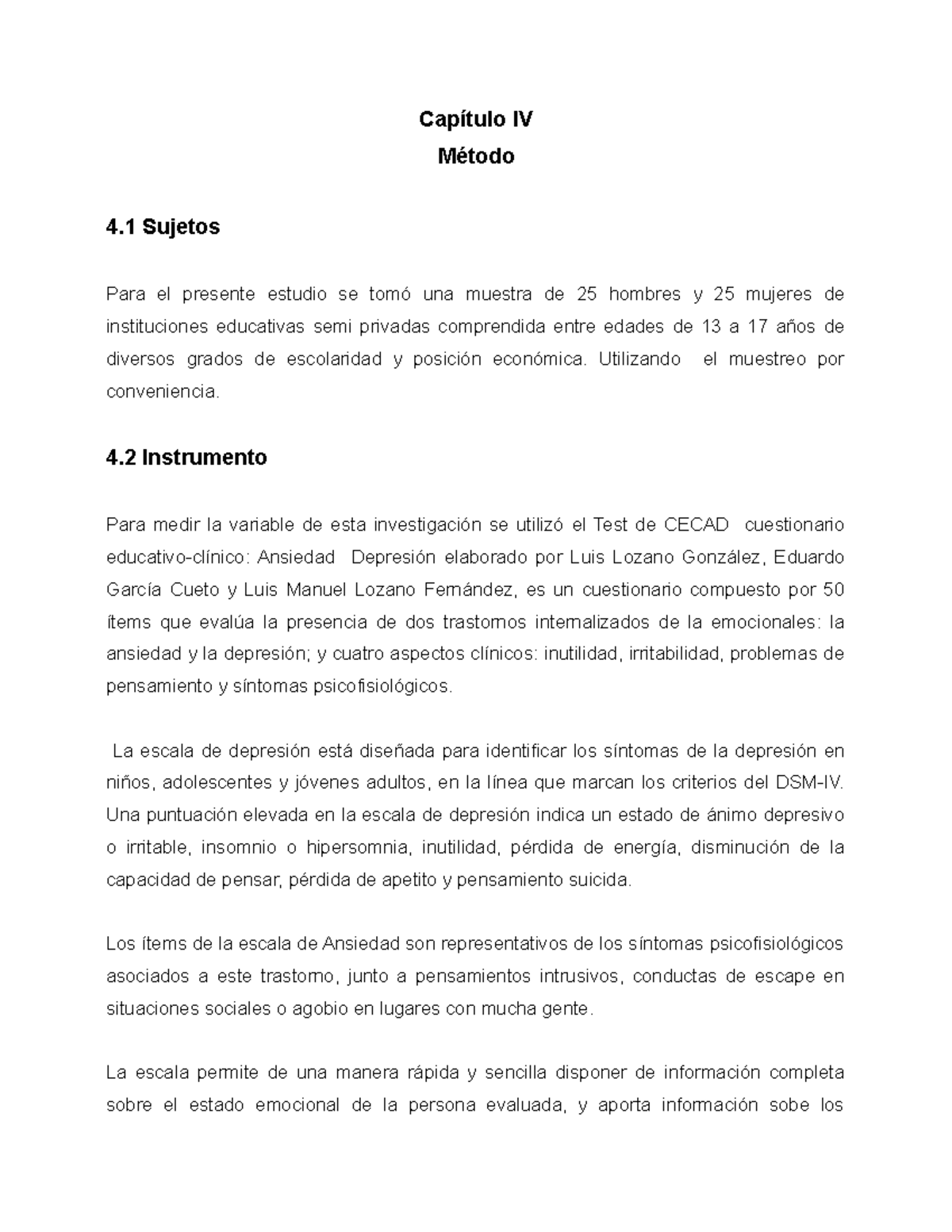 ULDA 4 cap. IV - Bsbsb - Capítulo IV Método 4 Sujetos Para el presente ...