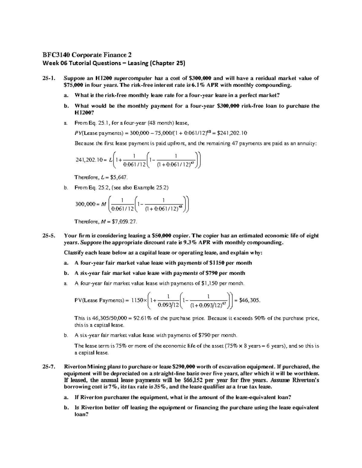 Week 06 Tutorial As - Week 6 - BFC3140 Corporate Finance 2 Week 06 ...