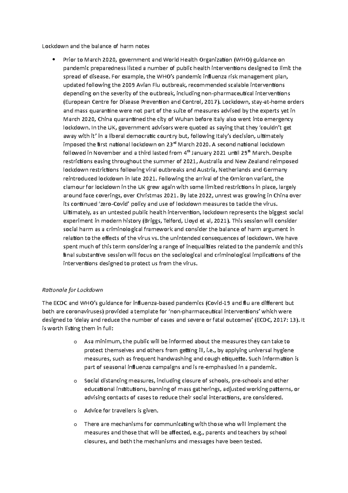 Lockdown and the balance of harm notes - For example, the WHO’s ...