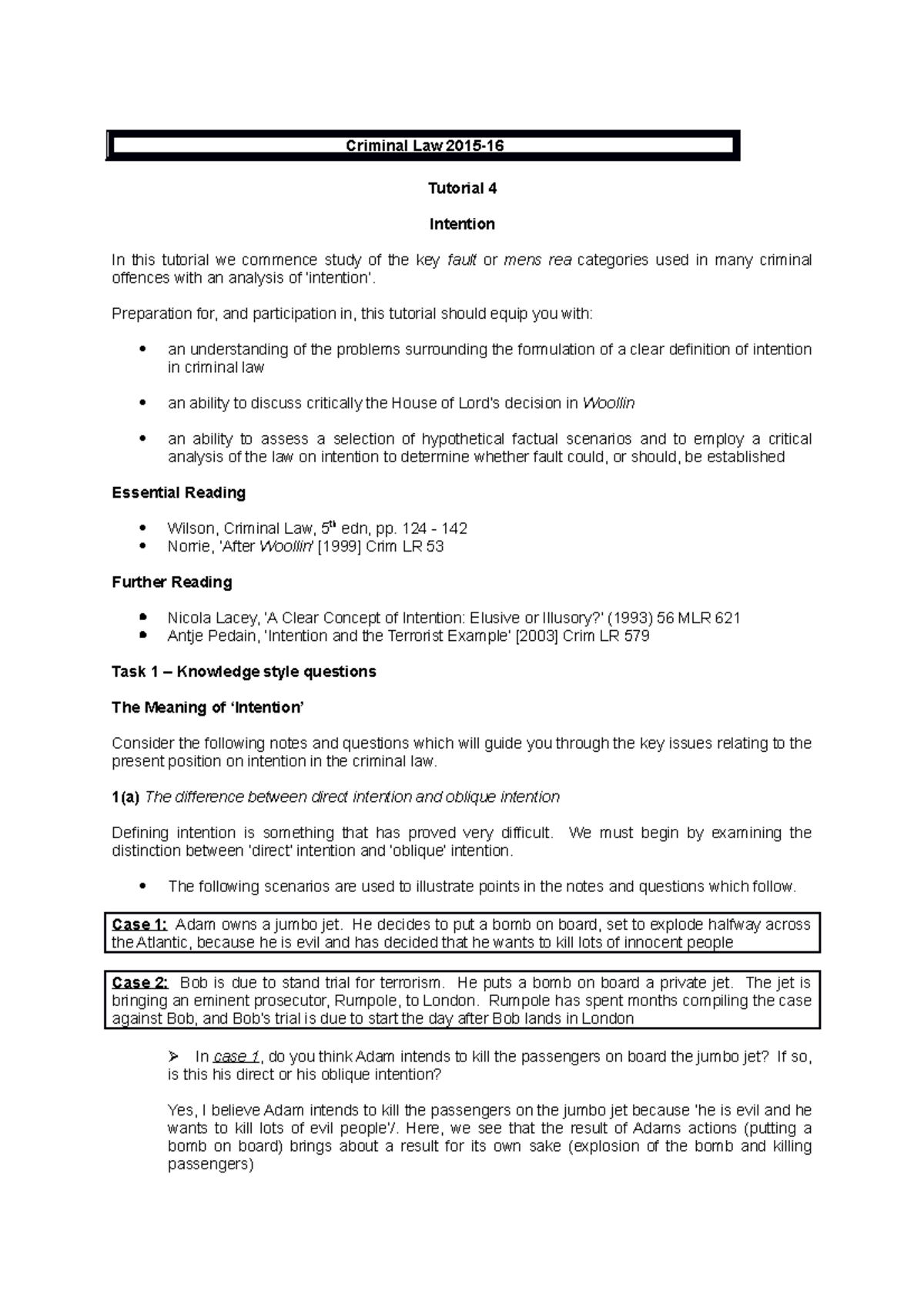 Tutorial 4 (Intention) - Criminal Law Tutorial 4 Intention In this ...