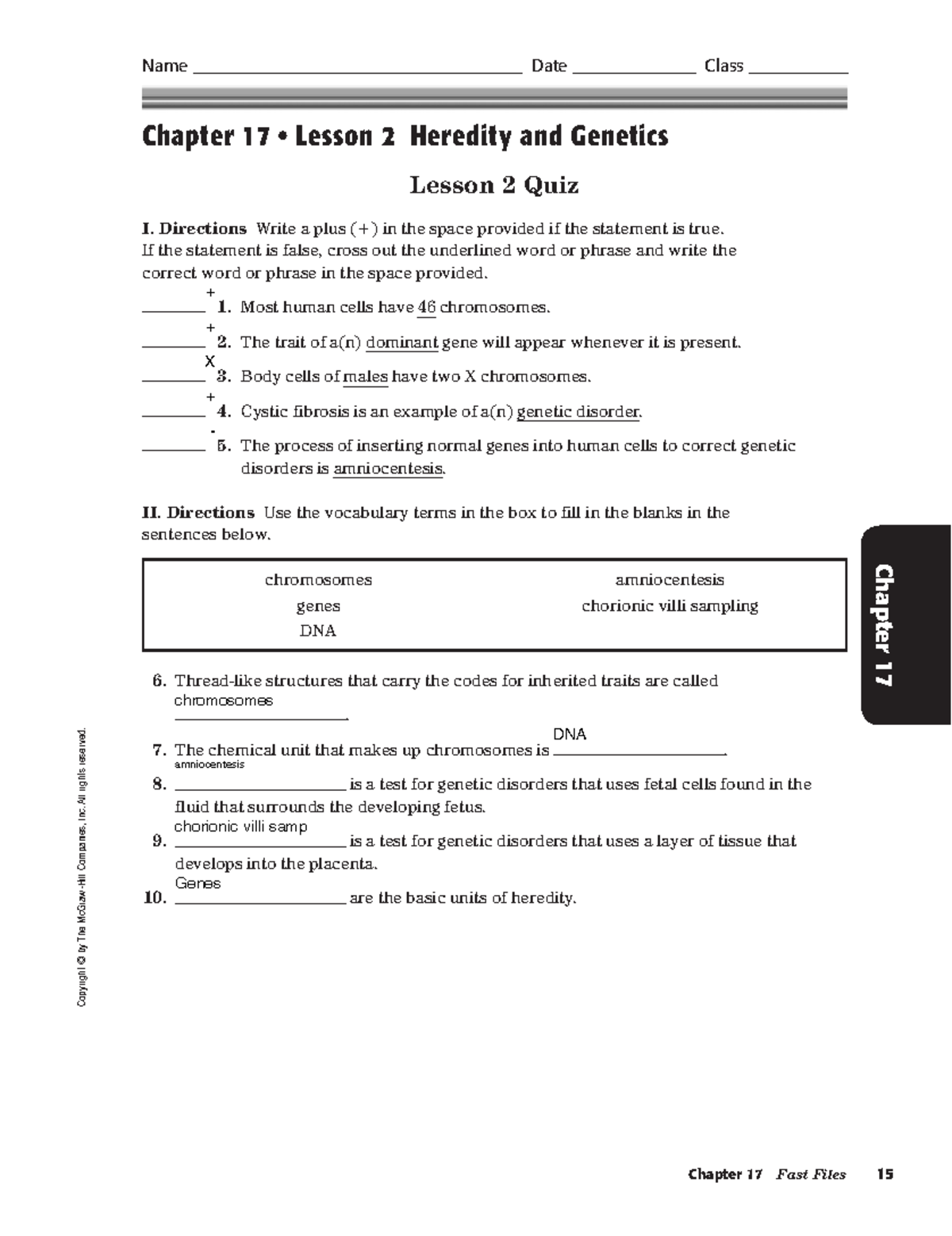 Chapter 17 Lesson 2 Quiz - Copyright © by The McGraw-Hill Companies ...