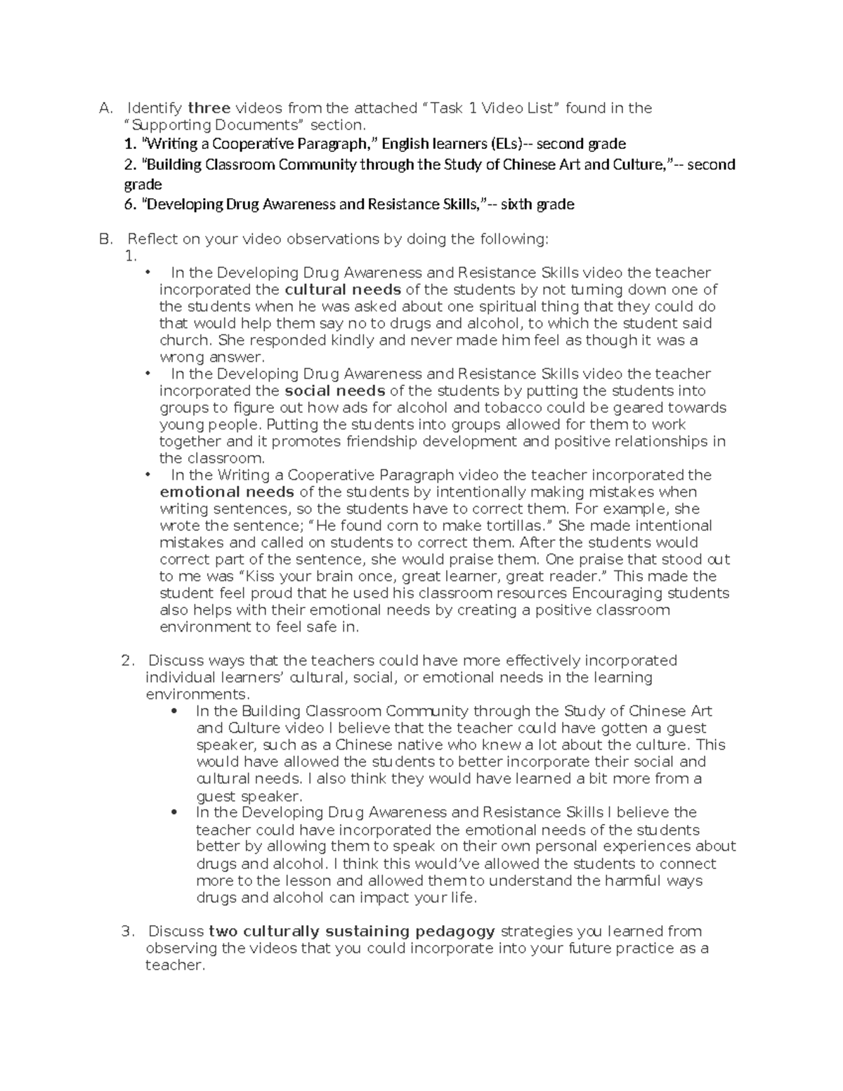 Task 1- Critical Commentary - A. Identify three videos from the ...