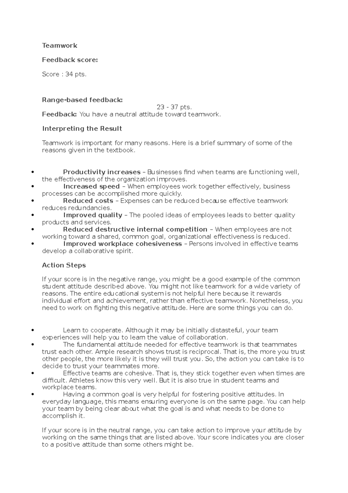 Self reflection on connect - Teamwork Feedback score: Score : 34 pts ...