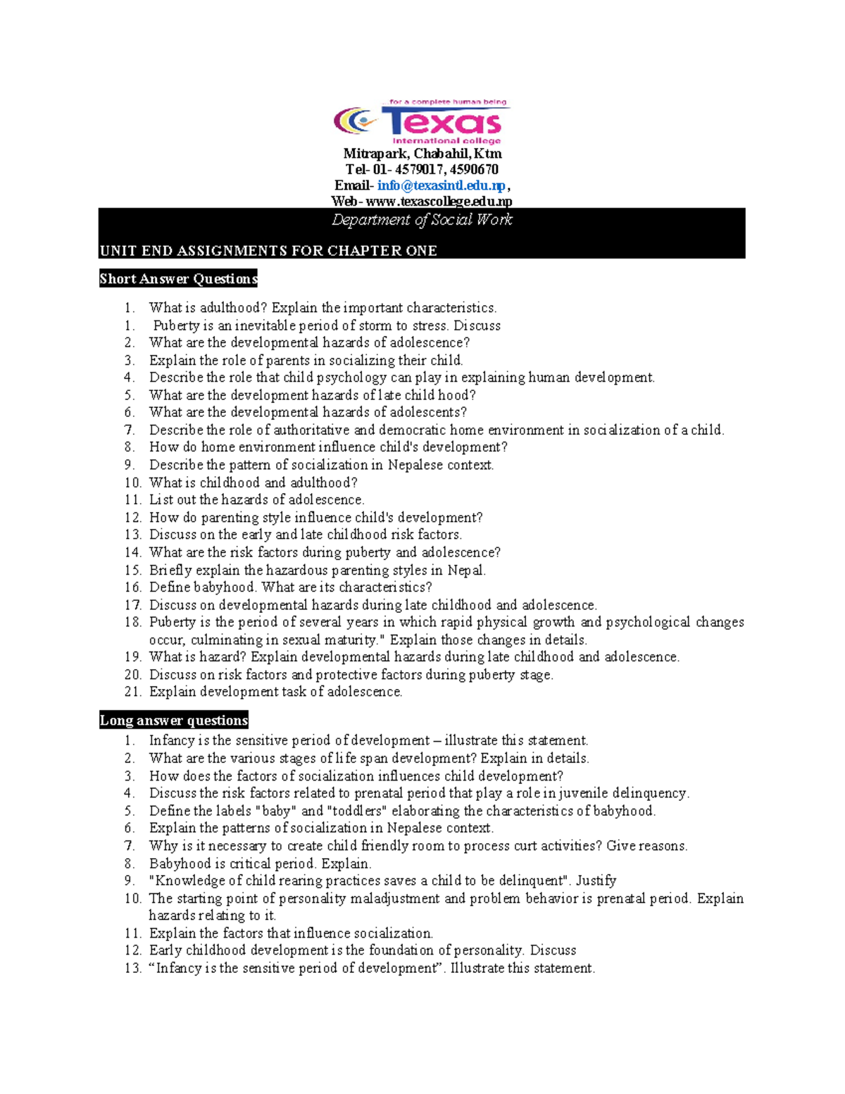 Juvenile Homework - Practical assignment - Mitrapark, Chabahil, Ktm Tel- 01- 4579017, 4590670 ...