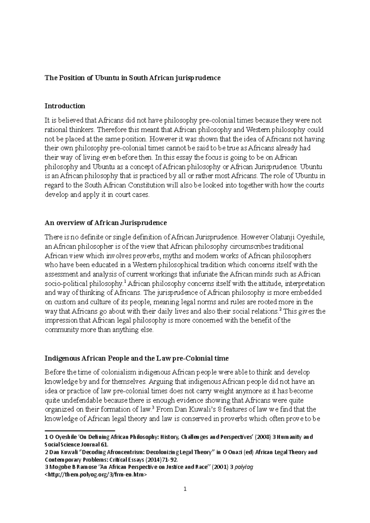 JUR Exam Essay - The Position of Ubuntu in South African jurisprudence ...