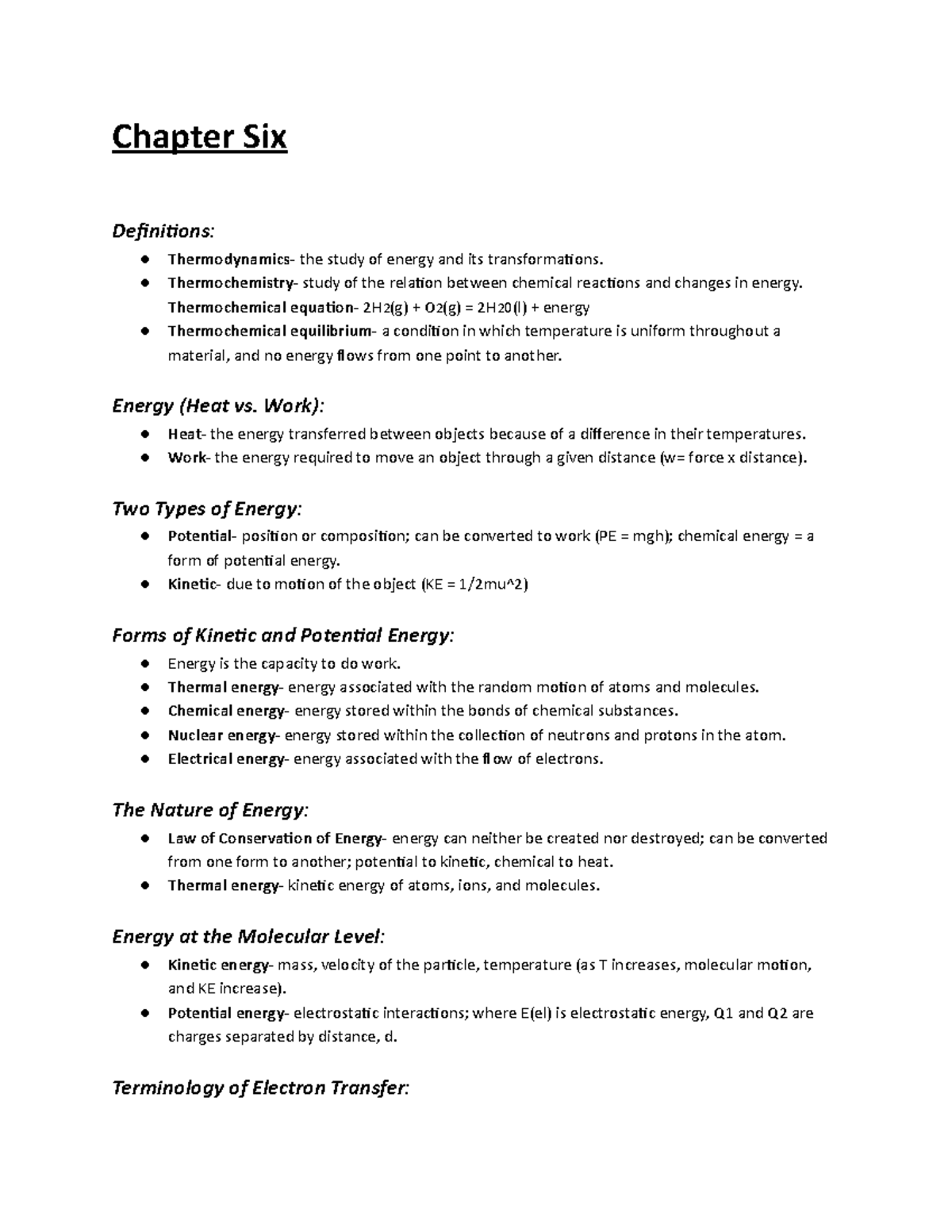 Chapter Six chem - Chapter Six Definitions: Thermodynamics- the study ...