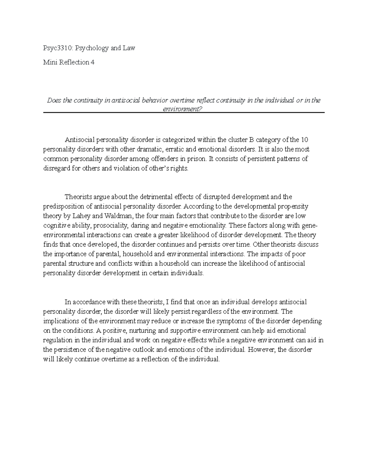 mini reflection post number 4 for class - Psyc3310: Psychology and Law ...