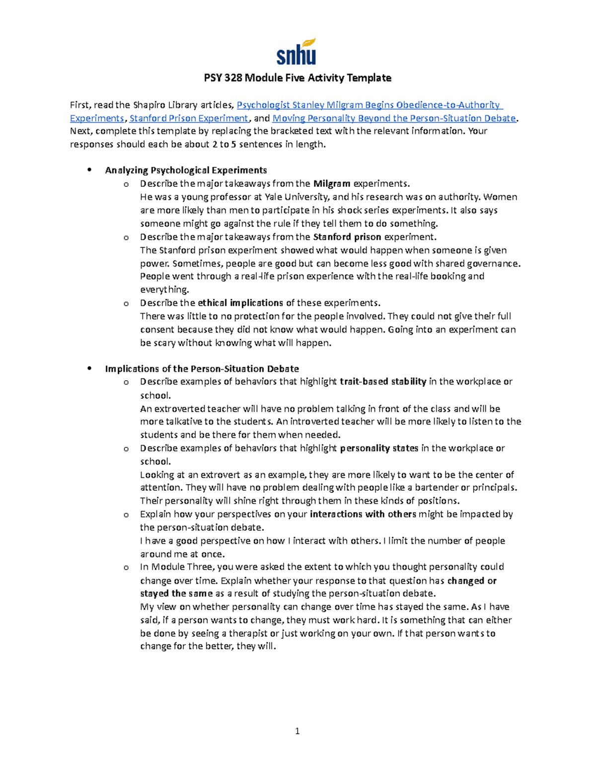 PSY 328 Module Five Activity Template - PSY 328 Module Five Activity Template First, read the ...