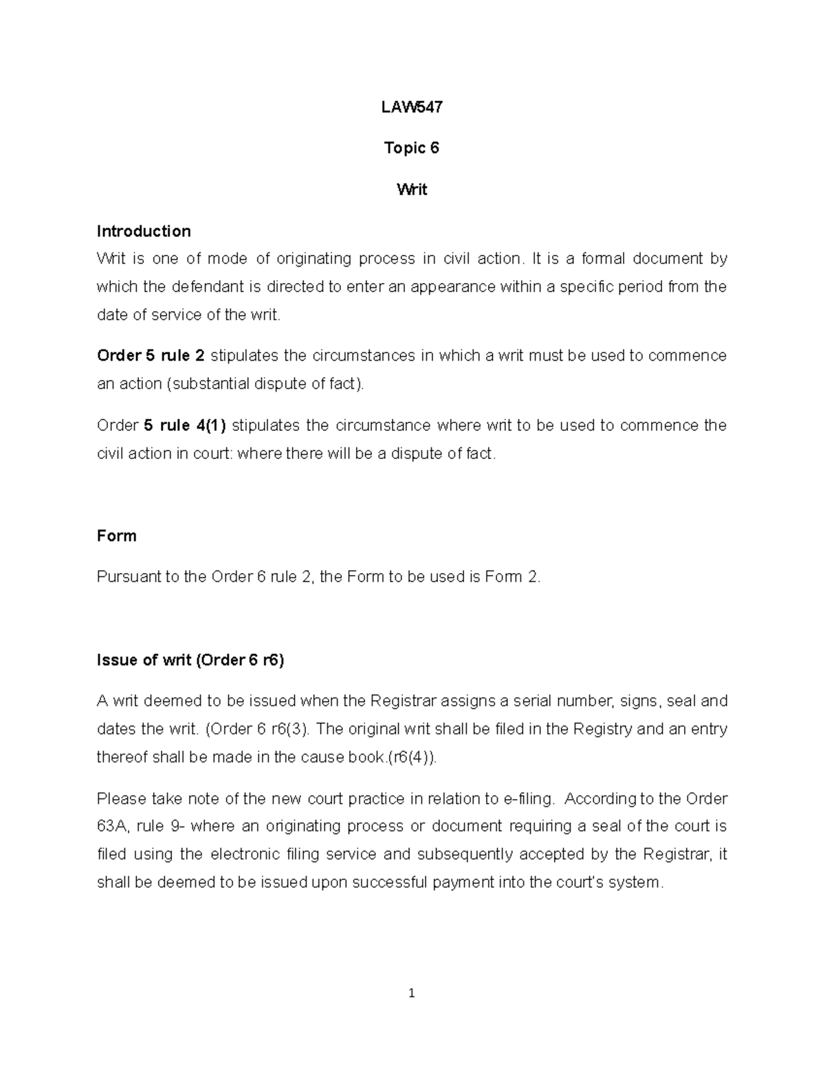 Outline 7- WRit v2 - read at your own risk - LAW Topic 6 Writ ...