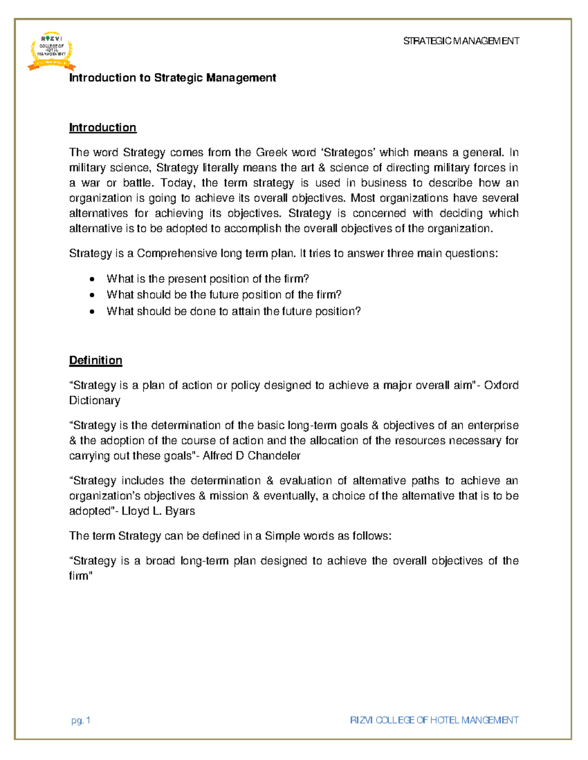 Semester-VI-strategic-managment - Introduction to Strategic Management ...