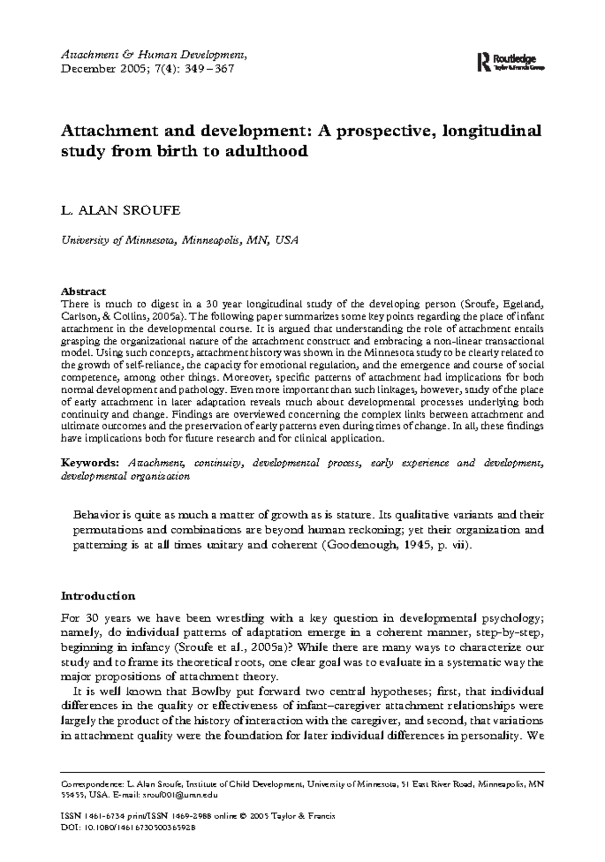 Sroufe studio longitudinale Minnesota - Psicologia Clinica - UER - Studocu