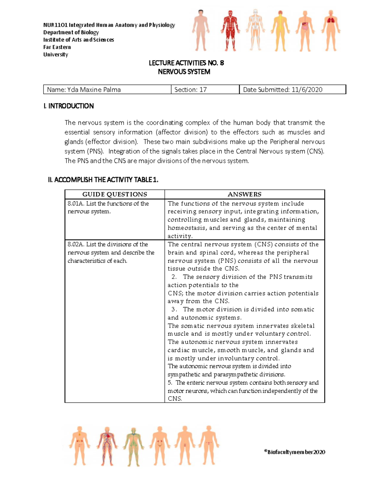 Nervous Lec Activity 7 - Department of Biology Institute of Arts and ...