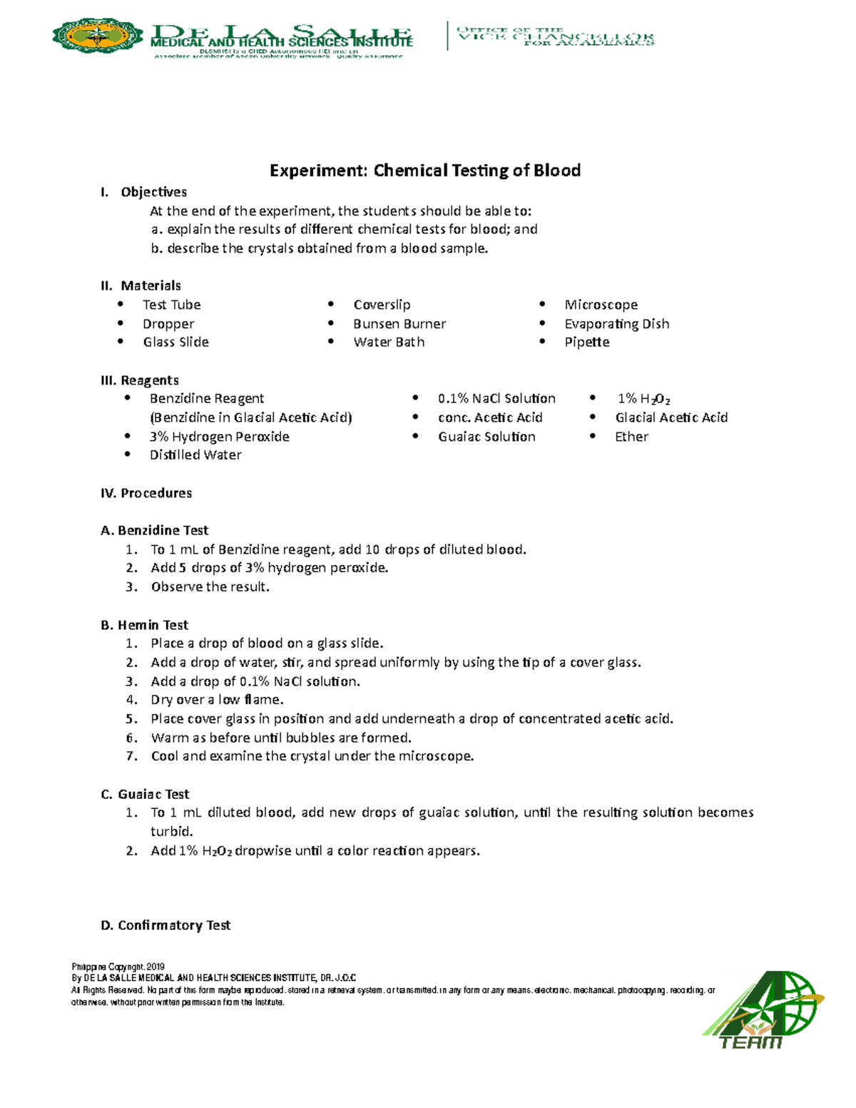 Chemical test for blood - Experiment: Chemical Tesing of Blood I ...