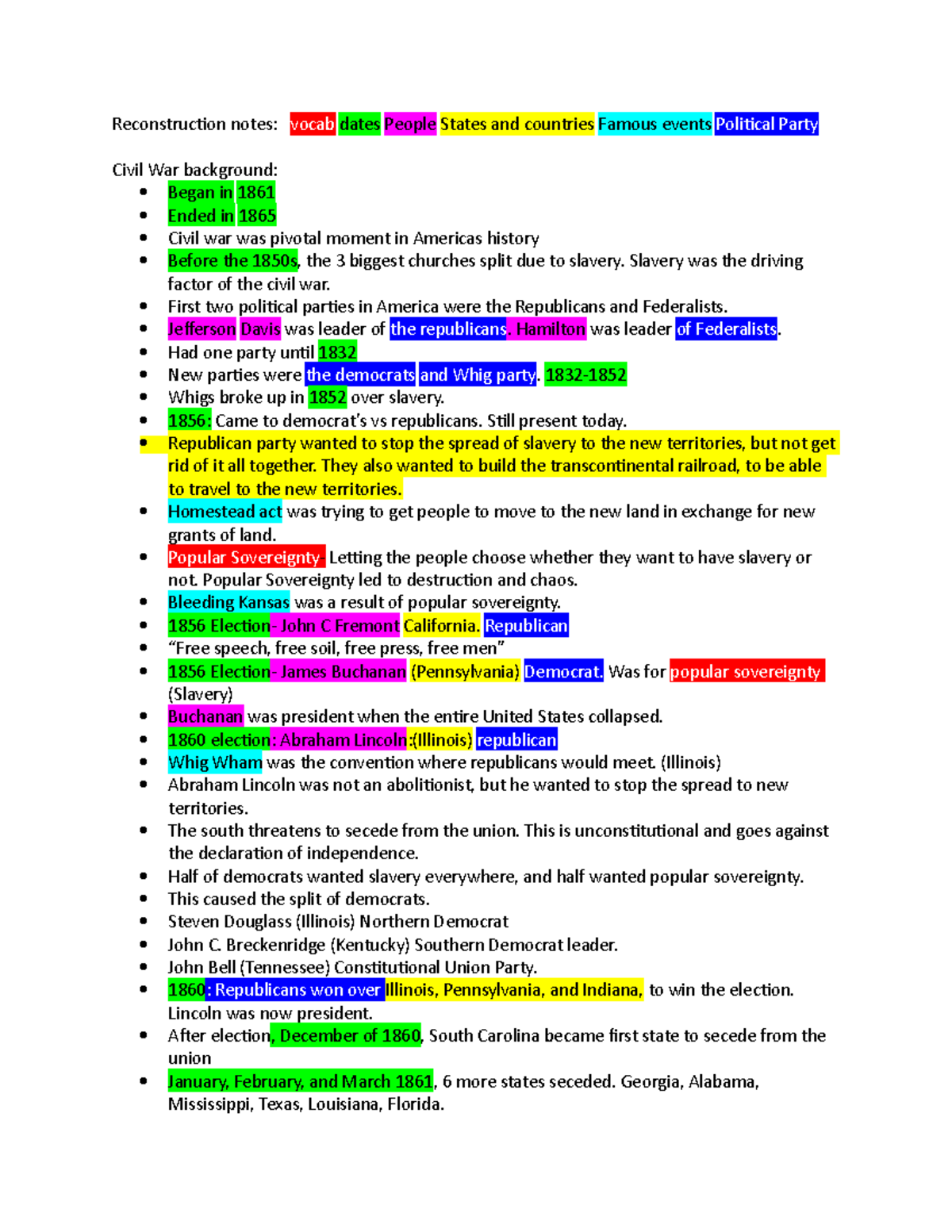 Reconstruction Notes - Dr. Clay Ouzts is the professor for this course ...