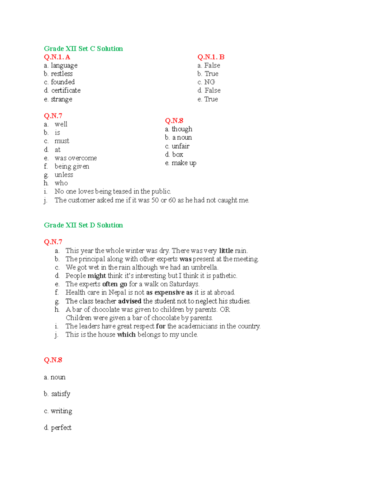 Grade XII Set C Solution - N. A a. language b. restless c. founded d ...
