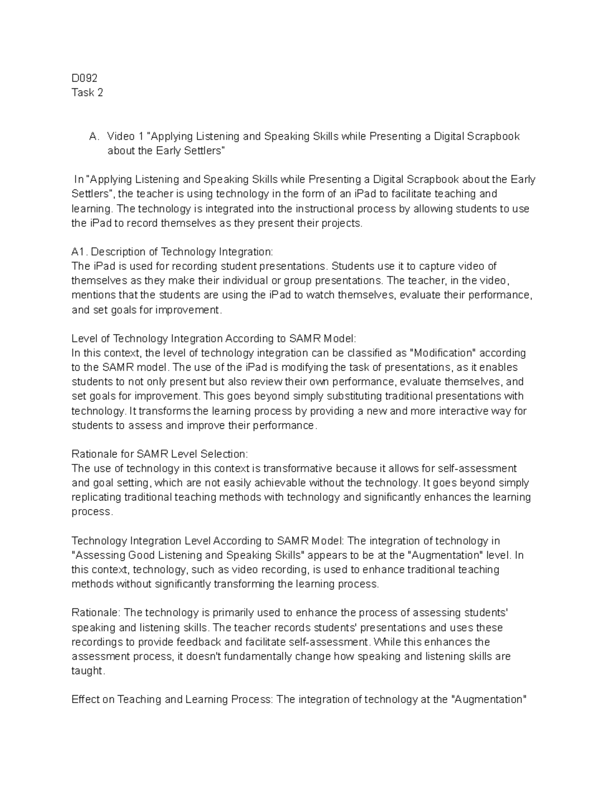 D092 Task 2 RV2 - Task 2 - D Task 2 A. Video 1 “Applying Listening and ...