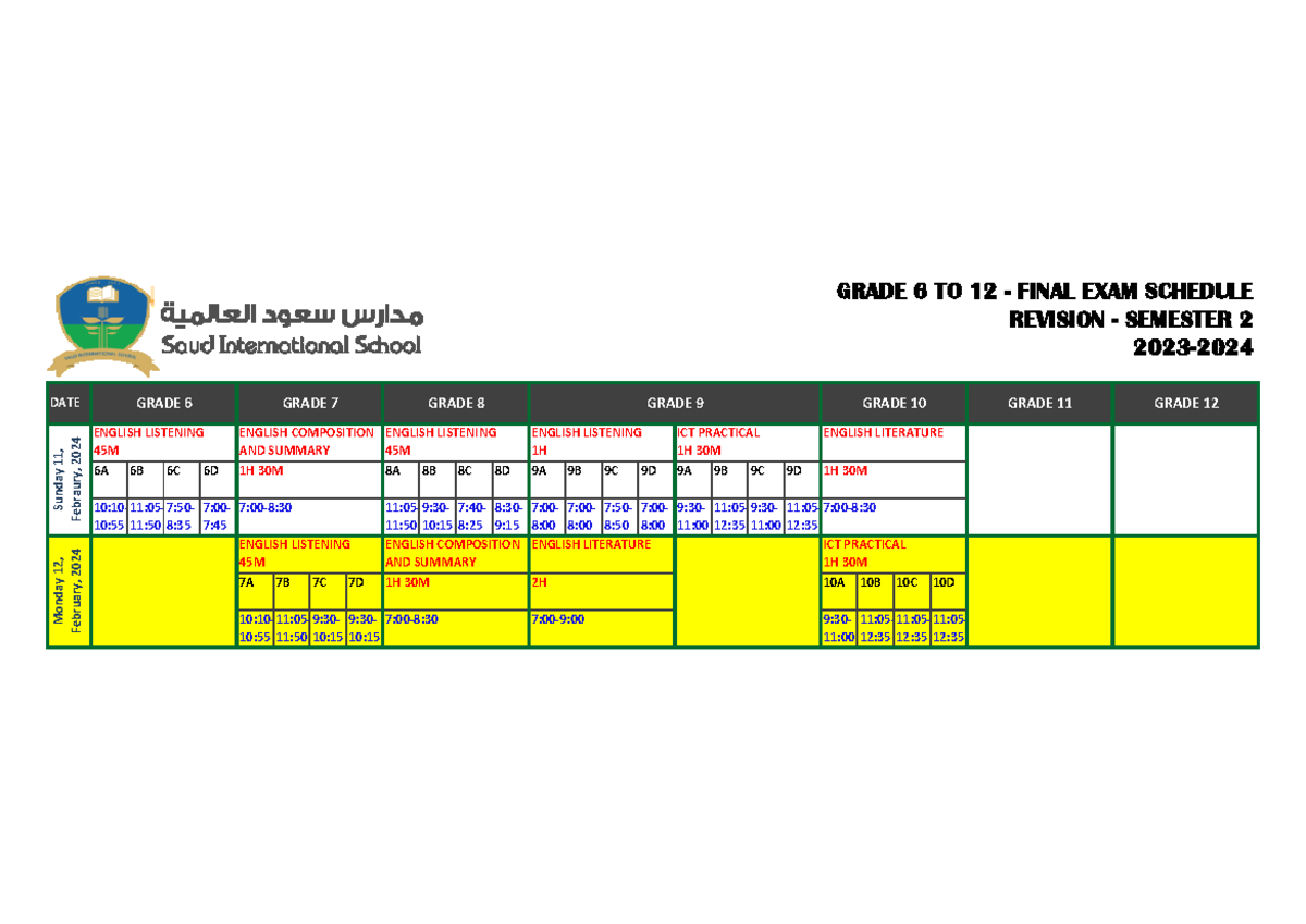 Grades 4-12 Exam Schedule for Semester 2 (2023-2024) - 6A 6B 6C 6D 8A ...