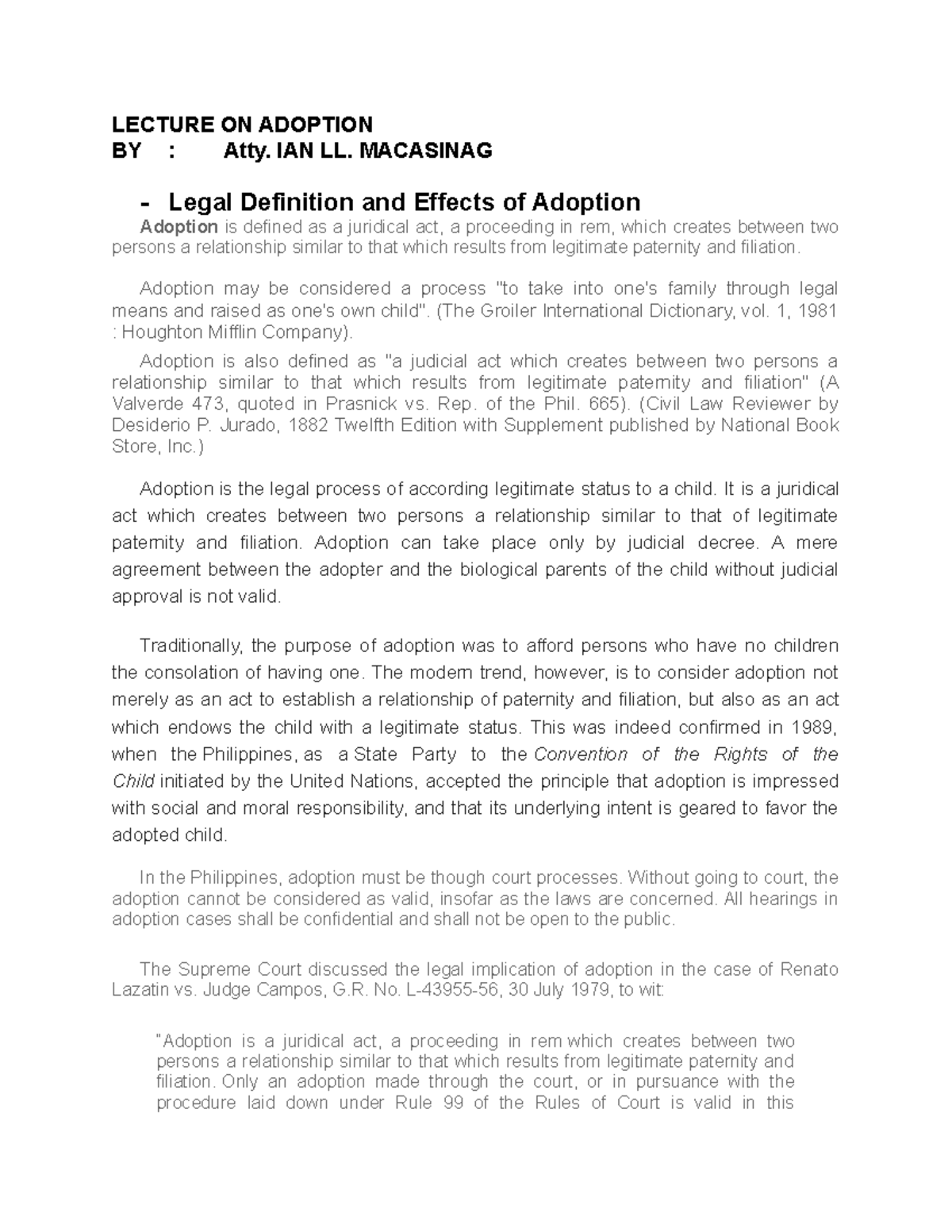 Lecture-ON- Adoption - LECTURE ON ADOPTION BY : Atty. IAN LL. MACASINAG ...