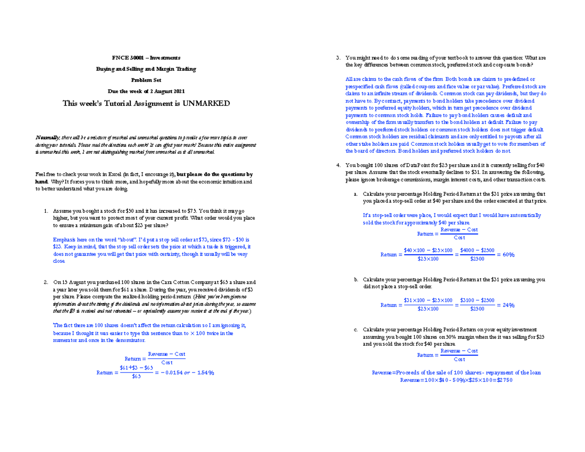 Tute-answers-investments merged - FNCE 30001 – Investments Buying and ...