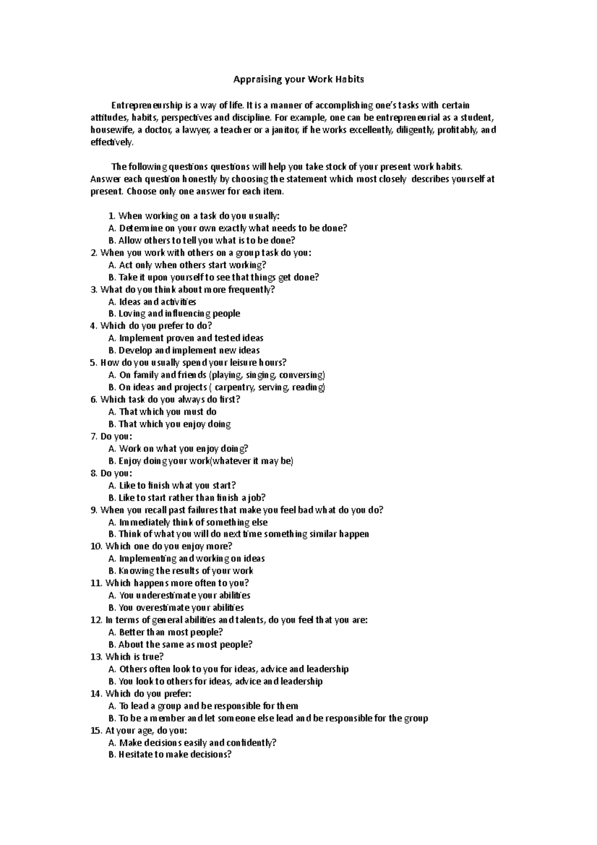 Appraising your Work Habits - Appraising your Work Habits ...