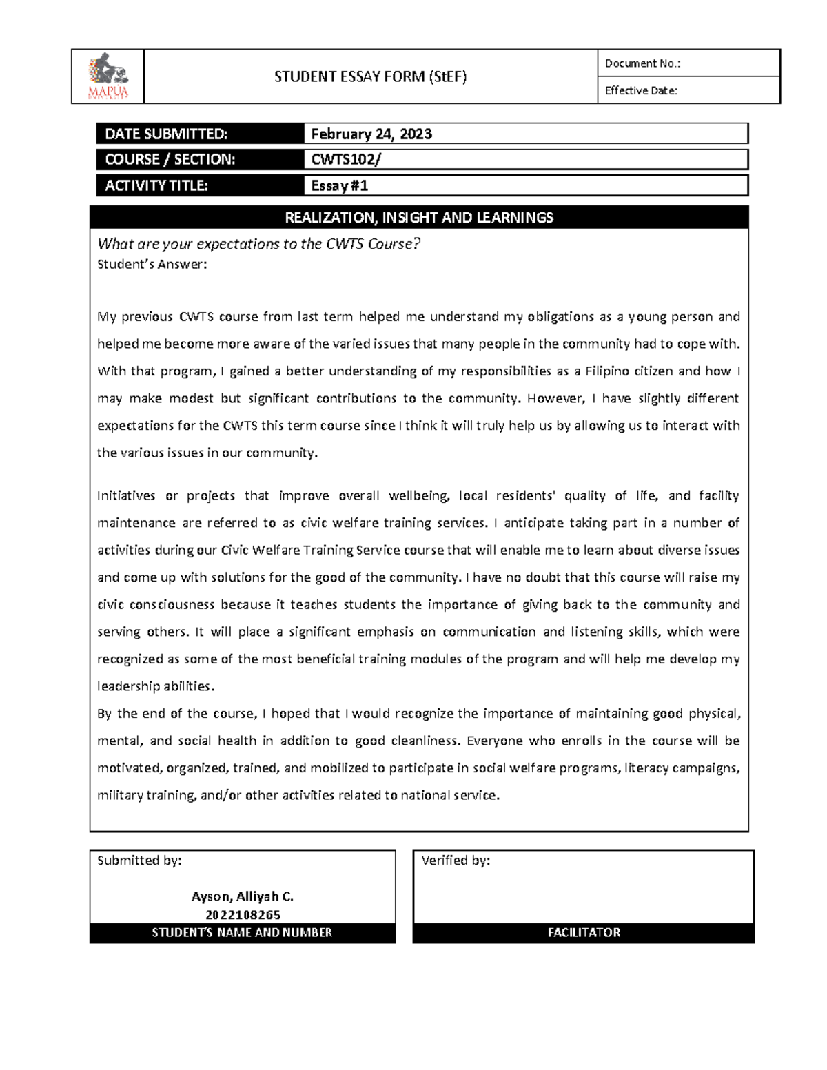 CWTS course expectations - STUDENT ESSAY FORM (StEF) Document No ...