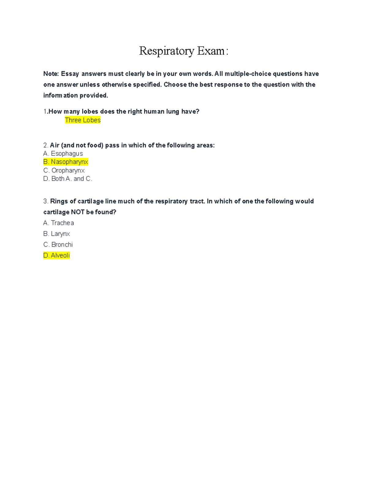 Respiratory Exam 1 - This will help you - Respiratory Exam: Note: Essay ...
