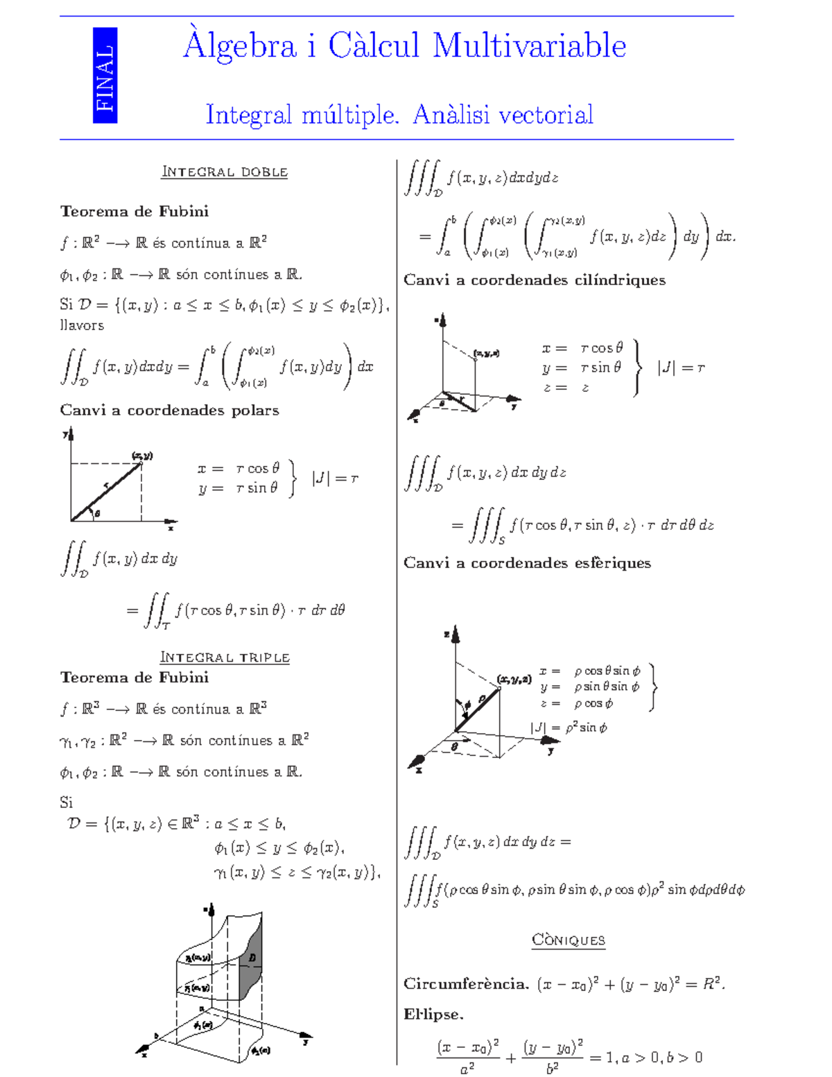Formulari-ACM4 - Formulario examen final EEBE - FINAL ` Algebra i C`alcul Multivariable Integral ...