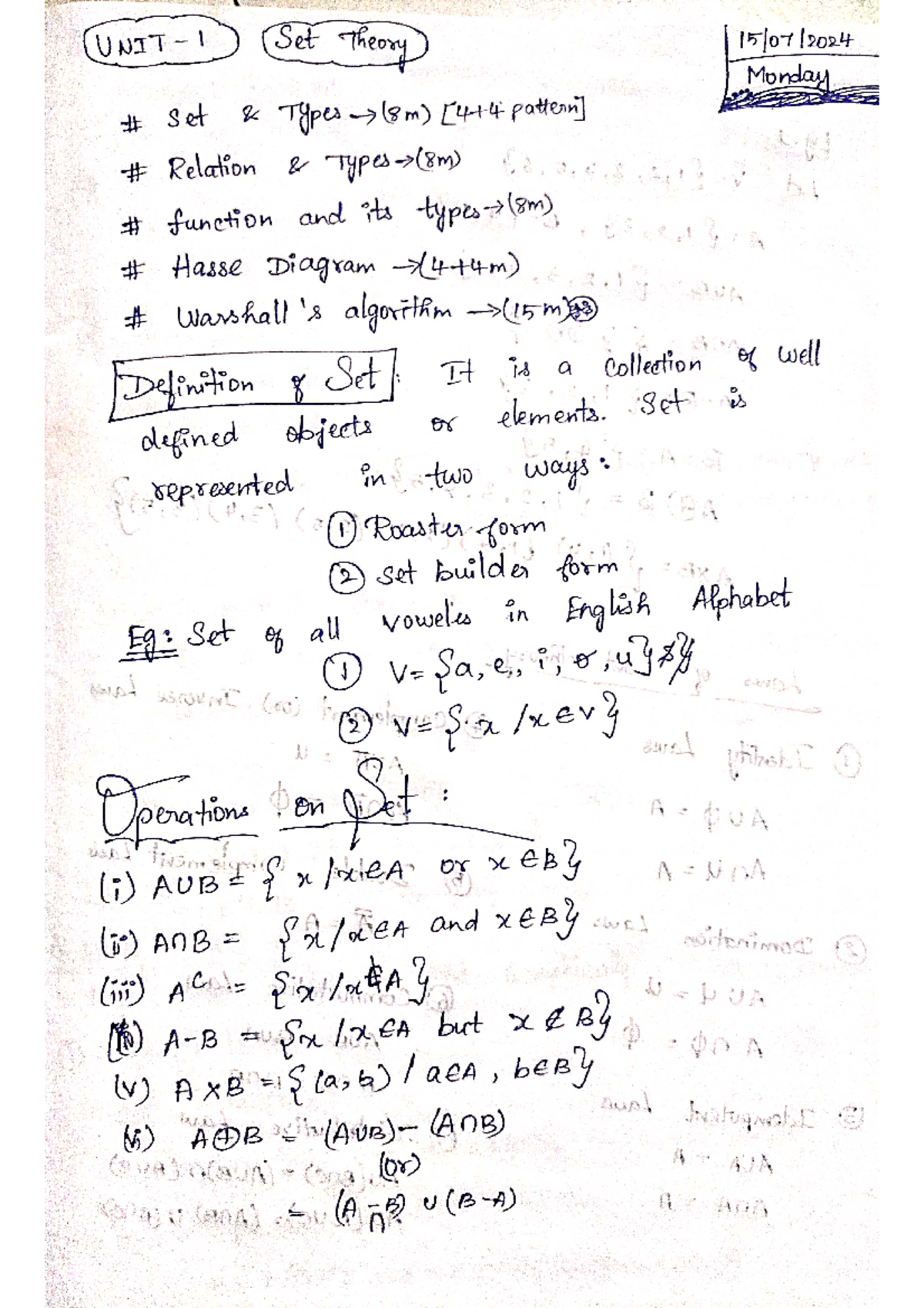 Maths Unit 1 - Set Theory - UNIT I Set Theory Monday set Types (8m) Relation Types (8m) function ...